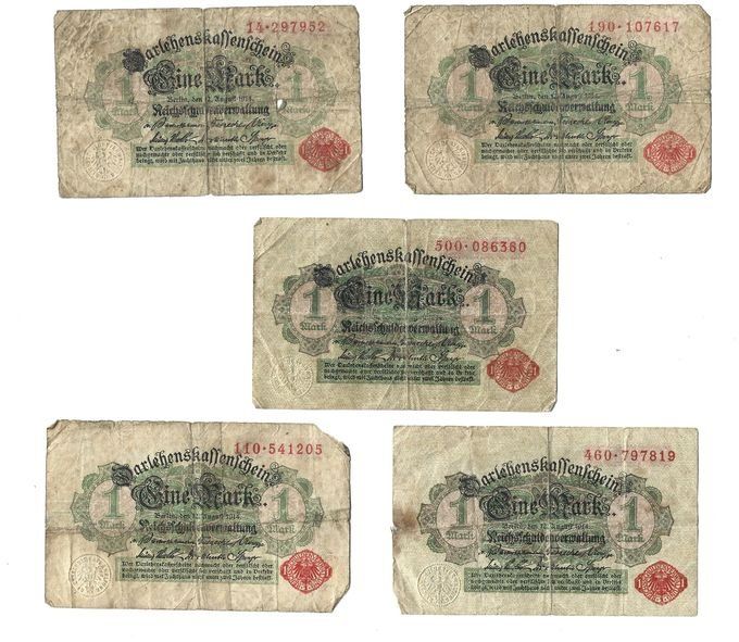 5 Darlehenskassenscheine 1 Mark, 1914 (Gebraucht) in Dielsdorf für CHF ...