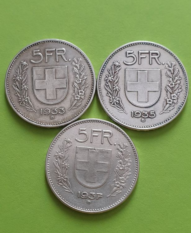 3 X 5 FRANKEN SILBERMÜNZEN 1933 + 1935 + 1937 RAR | Kaufen auf Ricardo