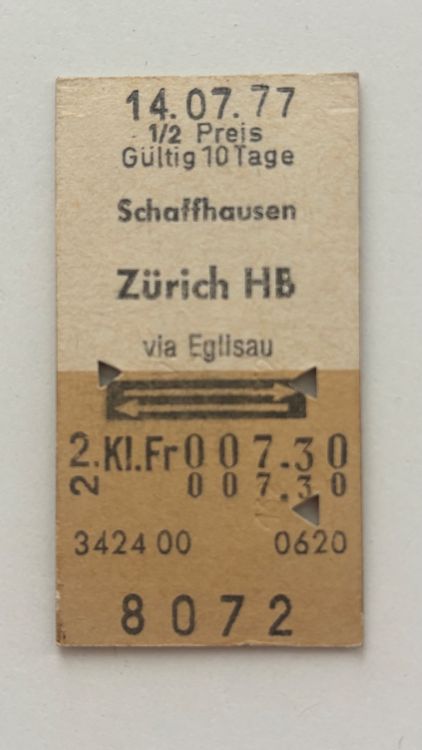 SBB Ticket / Billet de train CFF - Schaffhausen Zürich HB (Gebraucht ...