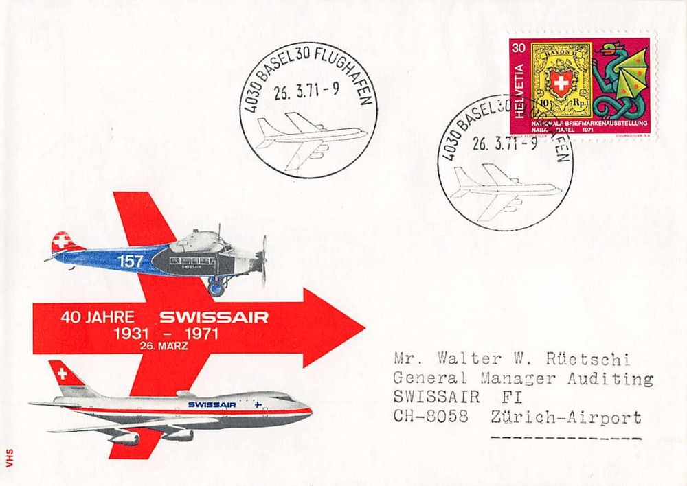 Flugbrief an SWISSAIR Manager RÜETSCHI - selten (Gebraucht) in Winterthur für CHF 1 – mit ...