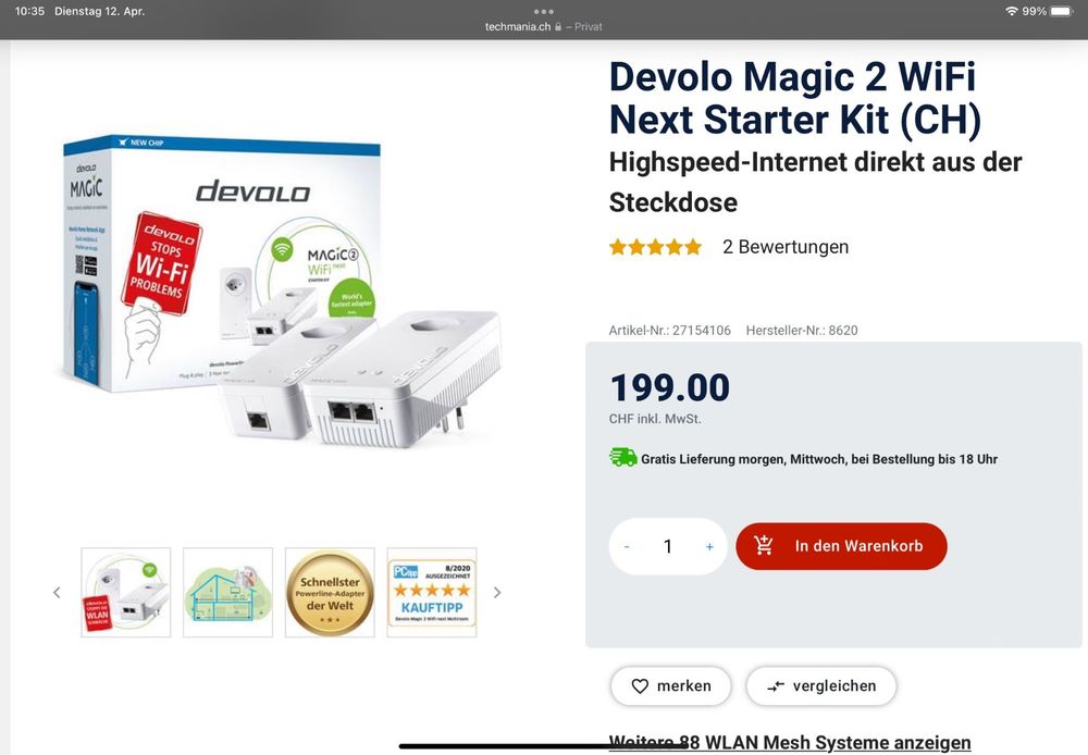 Devolo Magic 2 WiFi Next Starter Kit (CH) Highspeed-Internet (Gebraucht) in Neerach für CHF 65 ...