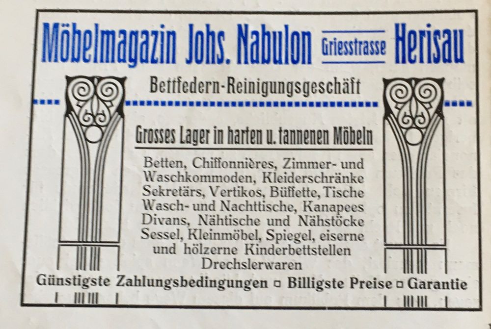 Vintage Reklame, Möbelmagazin Johs. Nabulon, Herisau, 1913 (Gebraucht ...