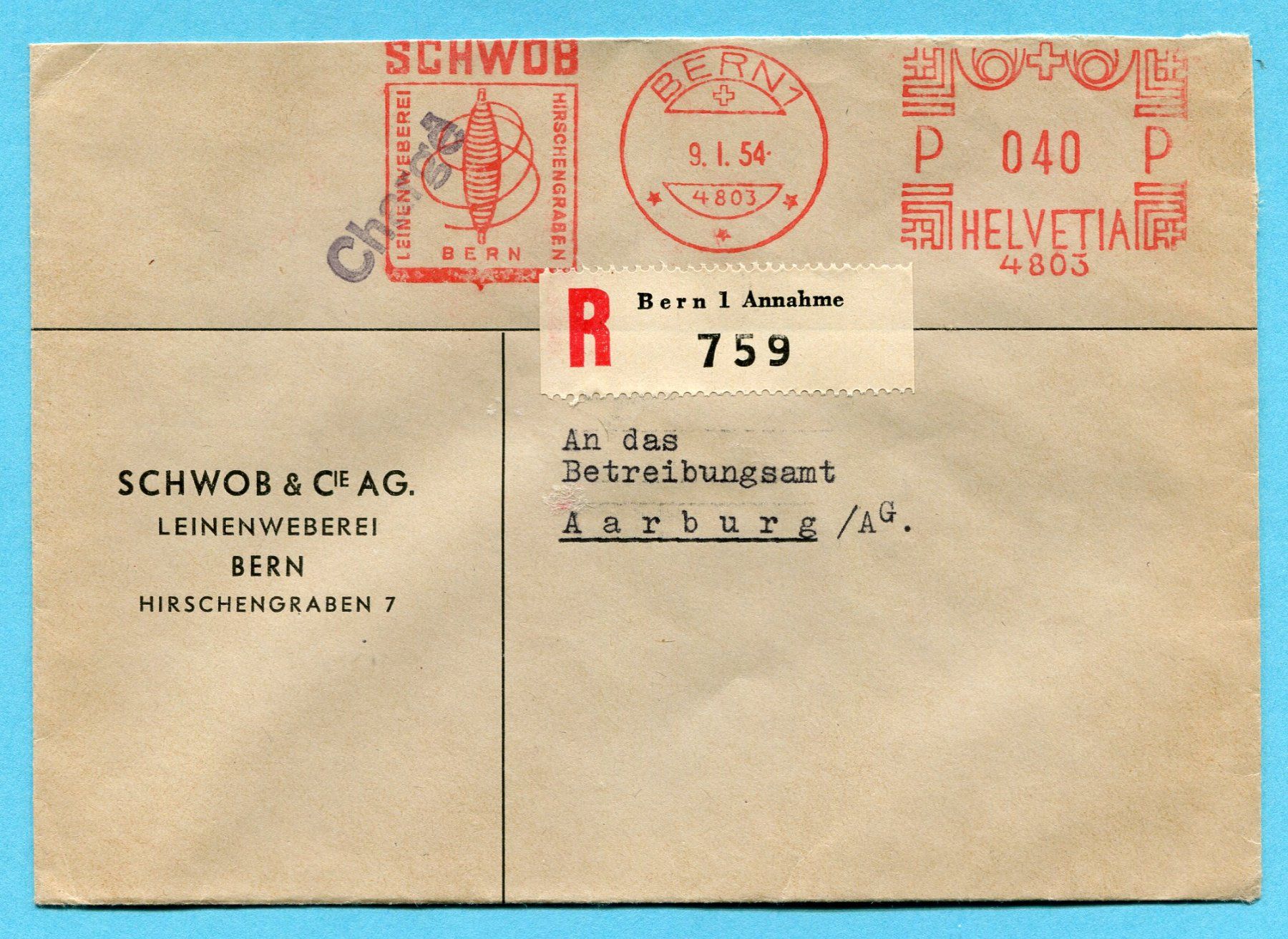 Brief von Bern nach Aarburg 1954 - Abs: Schwob & Cie. AG (Gebraucht) in ...