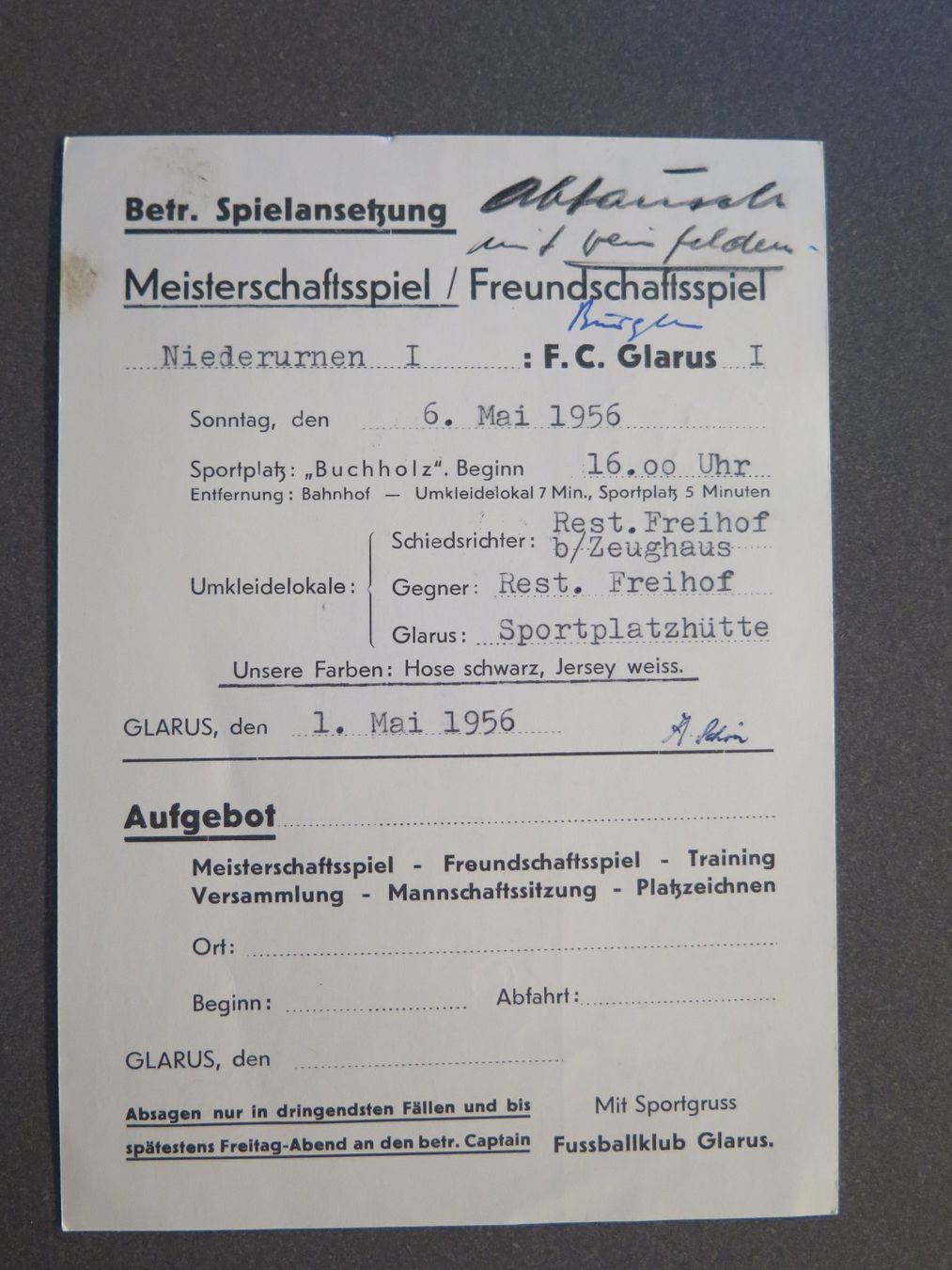 FUSSBALL - FUSSBALLKLUB GLARUS - MATCH-AVIS (Gebraucht) in Wittenbach ...