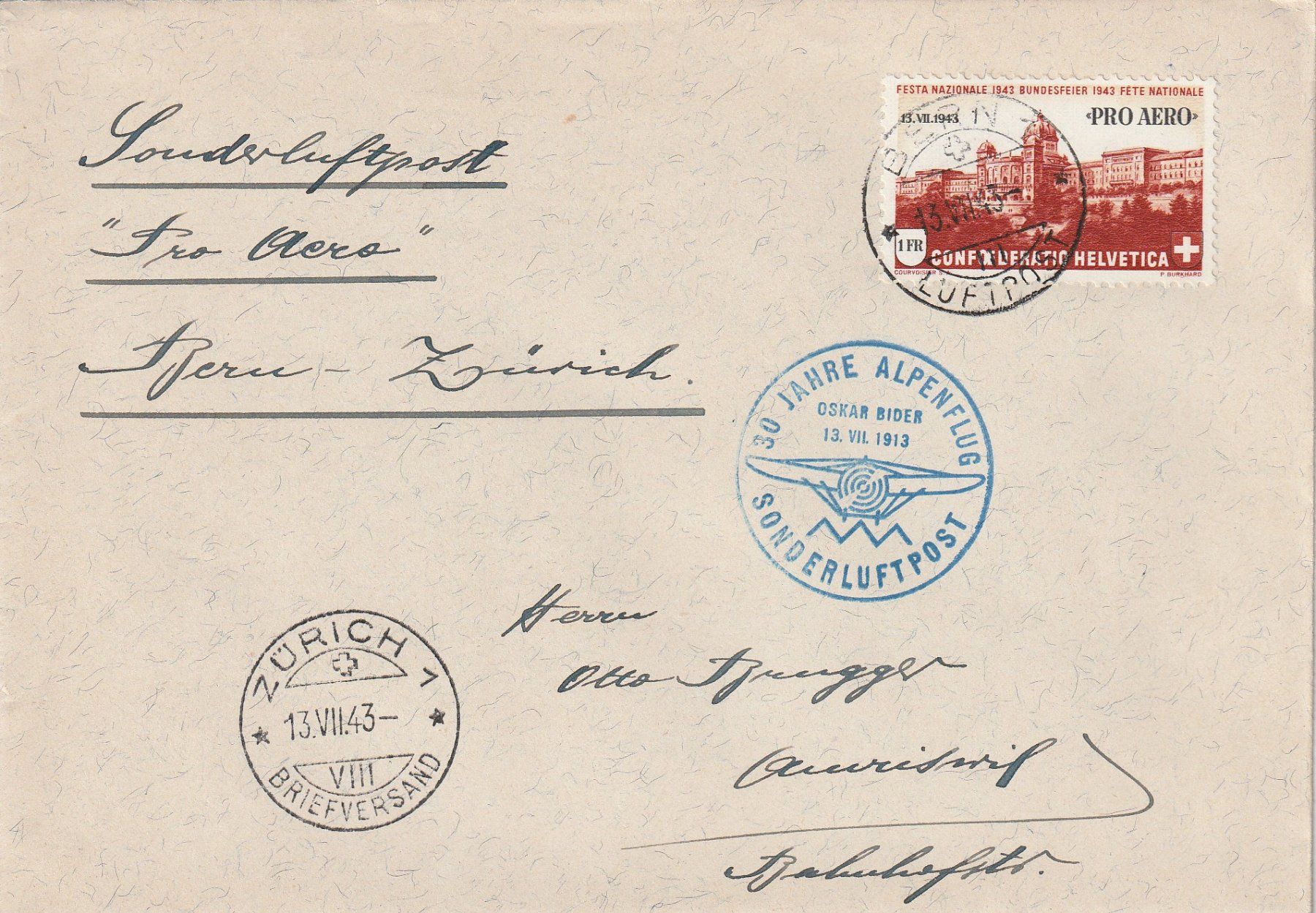 Luftpost-Brief-1943 Sonderflug Pro Aera Bern-Zürich (Gebraucht) in ...