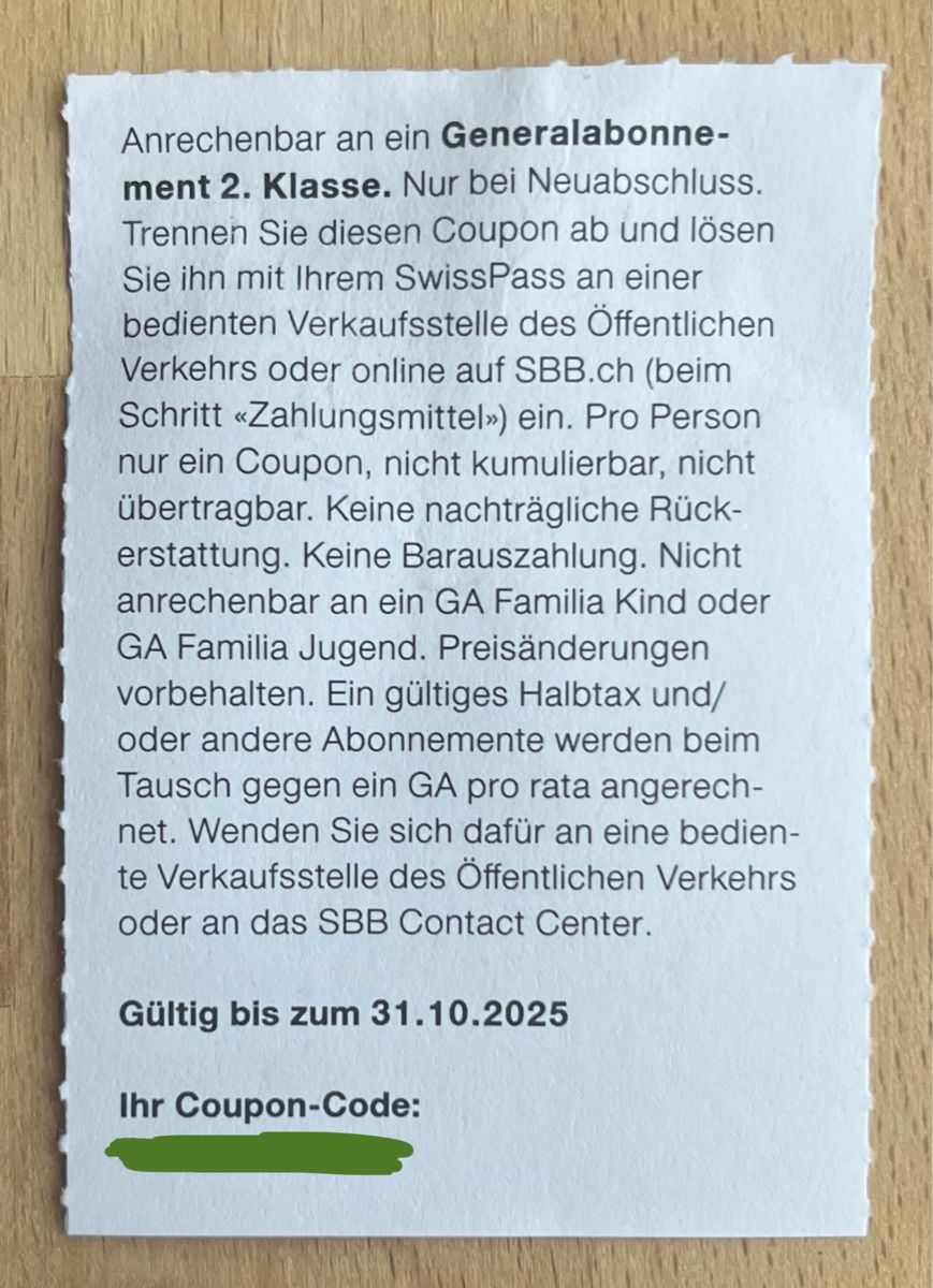 31. Okt.) SBB GA 2. Kl. 200 CHF Gutschein (Neu (gemäss Beschreibung)) in Zürich für CHF 0.05 ...