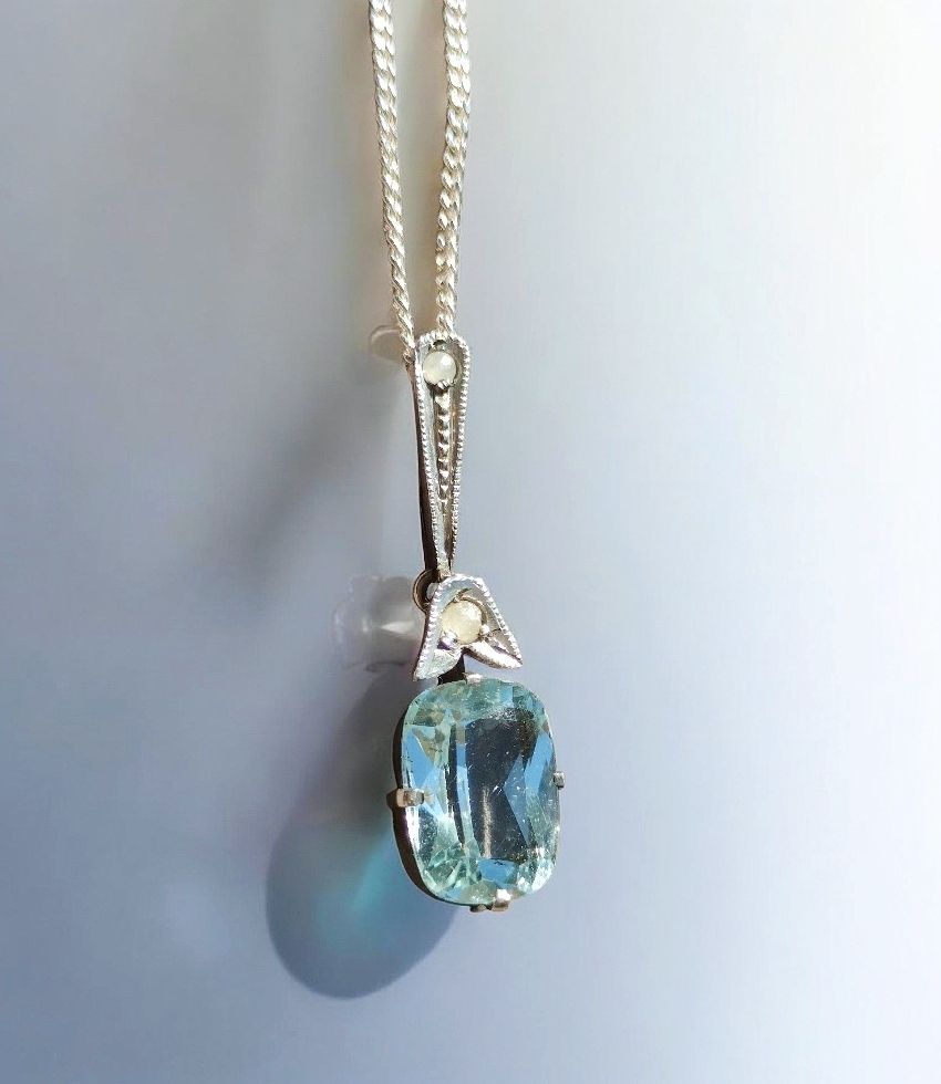 Art Deco Silber Anhänger Aquamarin mit Perlen + Halskette (Gebraucht ...