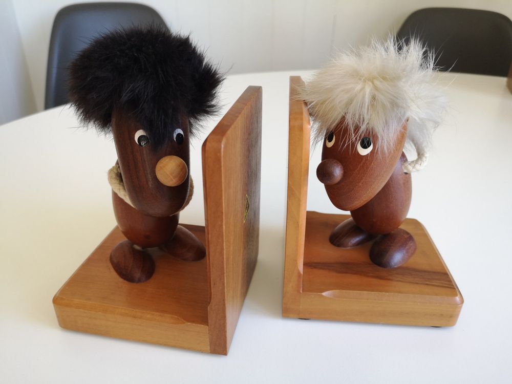 VINTAGE BUCHSTÜTZEN OPTIMIST UND PESSIMIST TEAK MEHO SCHWEIZ (Gebraucht ...