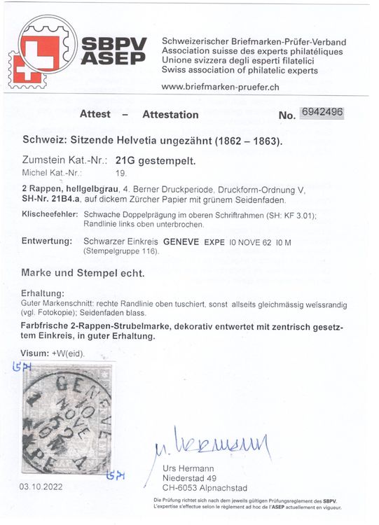 Strubel 21G; sauberer VOLLSTEMPEL von GENF, gute Erhaltung! (Gebraucht ...