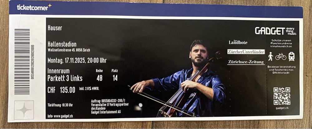 Hauser Concert Ticket - Zurich Hallenstadion 17.11.2025 (Neu (gemäss ...