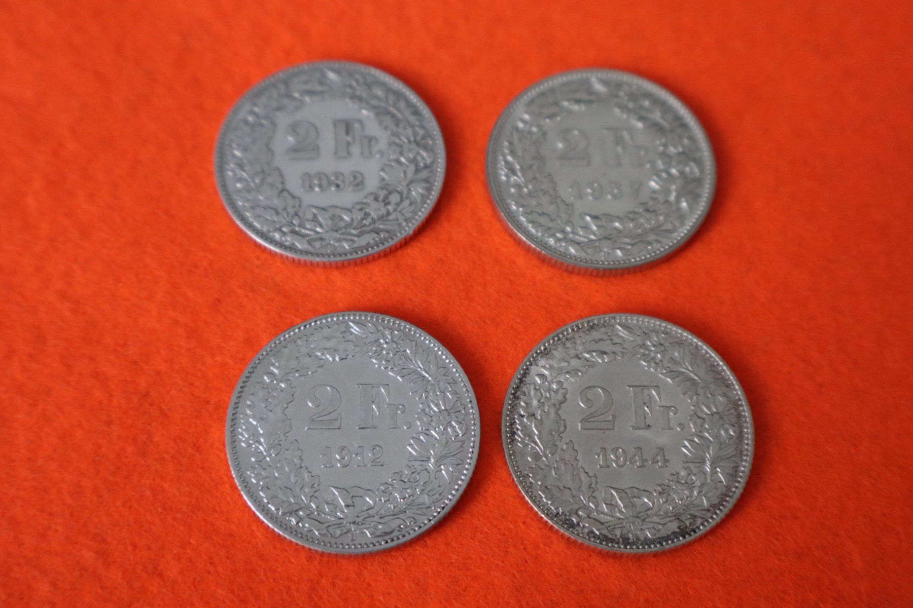 4x 2 Franken Silbermünzen (1912–1957) – selten, vorzüglich, (Neu ...