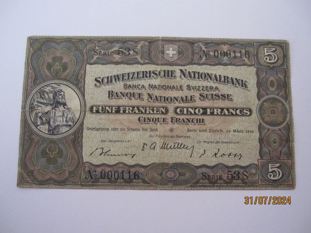 Schweizer Banknote 5 Franken Jahrgang 1951 Serie 51 T (Gebraucht) in ...