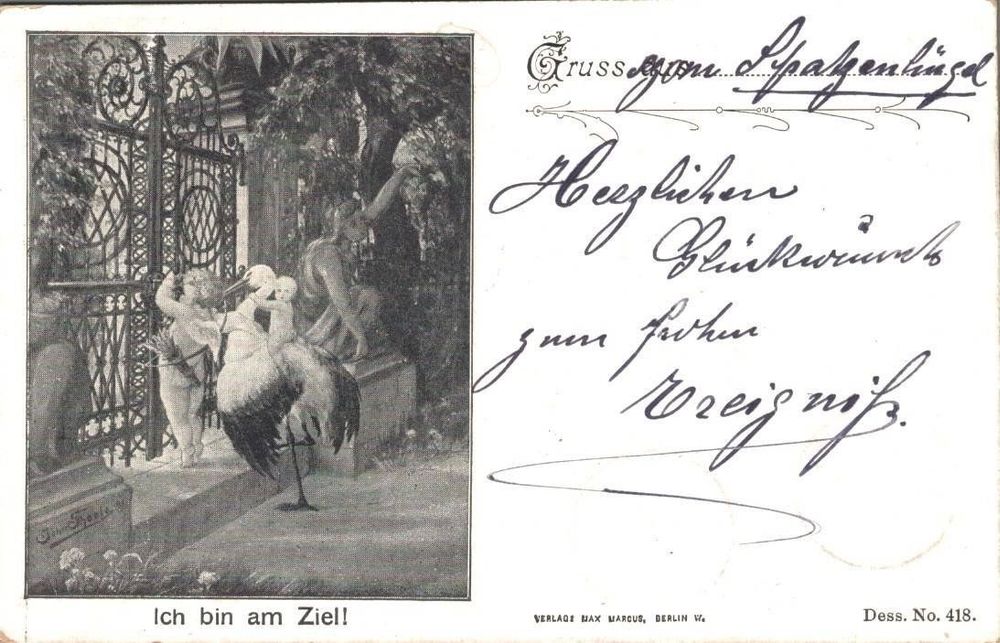 Storch mit Kind und Engel, gel. 1900, Geburtskarte | Kaufen auf Ricardo