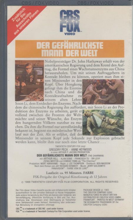 Der gefährlichste Mann der Welt (USA 1969) CBS FOX Video VHS (Gebraucht) in Remetschwil für CHF ...