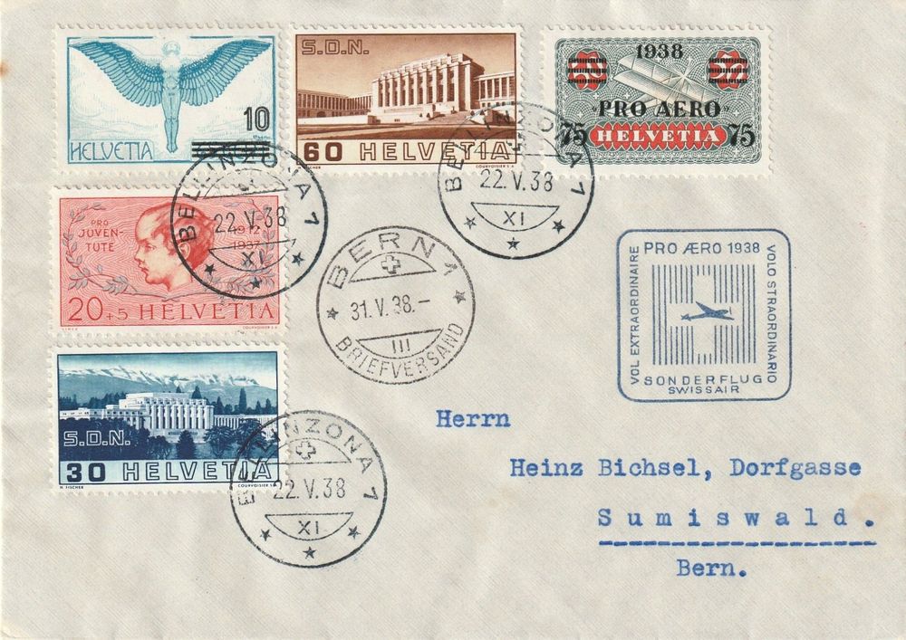 Pro Aero 1938, Buntfrankatur auf Etappe Bellinzona-Bern | Kaufen auf Ricardo