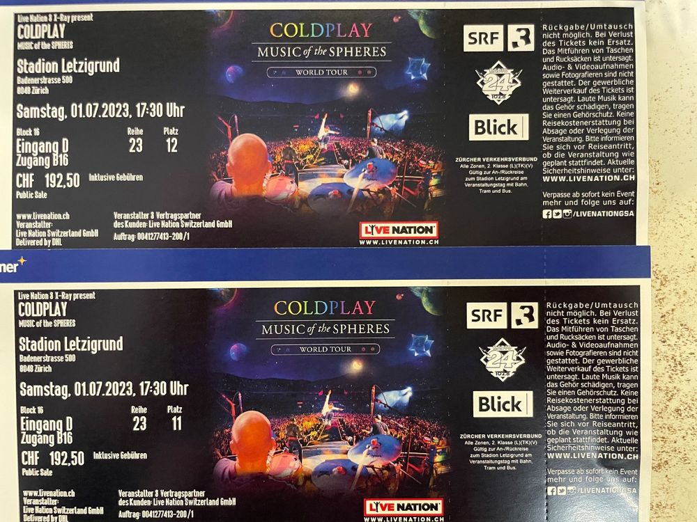 Coldplay Tickets Sitzplätze 01.07.2023 | Kaufen auf Ricardo