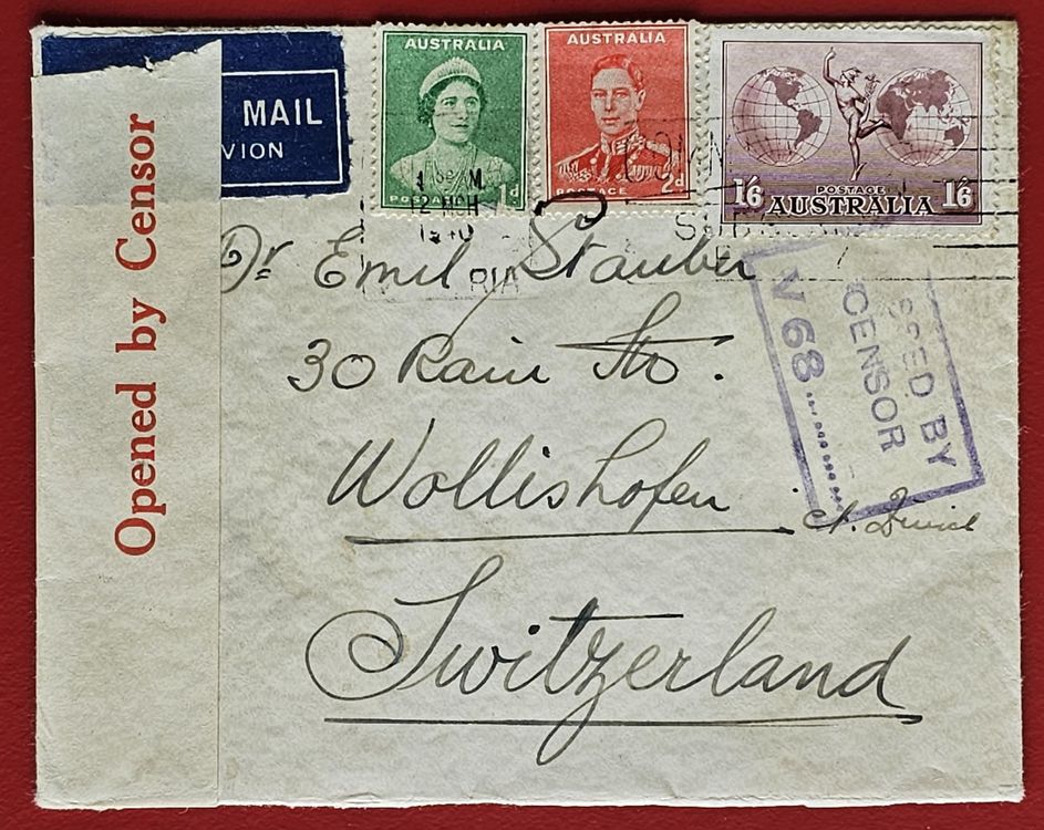 AUSTRALIEN KING GEORGE CENSOR ZENSUR ZÜRICH WOLLISHOFEN 1940 (Gebraucht ...