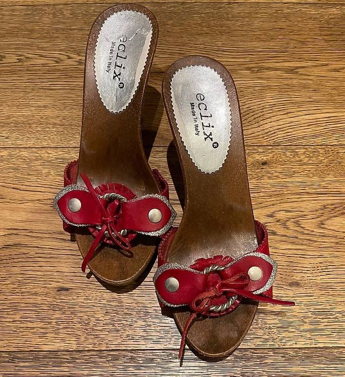 Rot Leder Holz high heels Pantoletten zu verkaufen Grösse 36 (Gebraucht ...