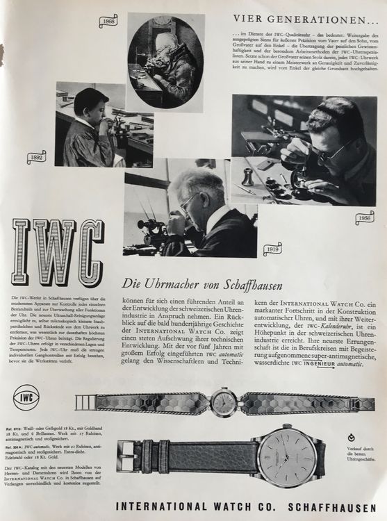 Grosse Vintage Reklame, IWC Uhren, Schaffhausen, 1957 | Kaufen auf Ricardo