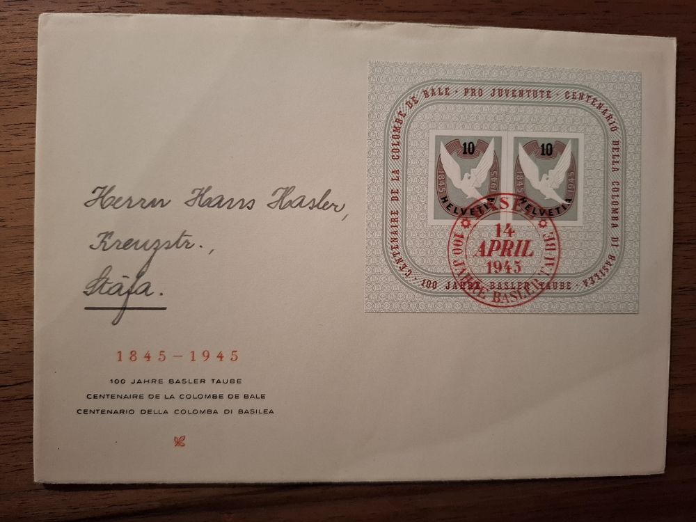 Seltener Ersttagsbrief Basler Taube 1945 Schweiz Briefmarke (Gebraucht) in Stäfa für CHF 10 ...