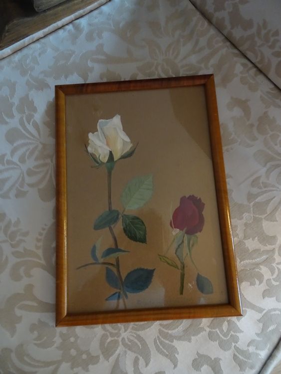 antiker Kirschholz Rahmen mit Rosen Gemälde, Original | Kaufen auf Ricardo