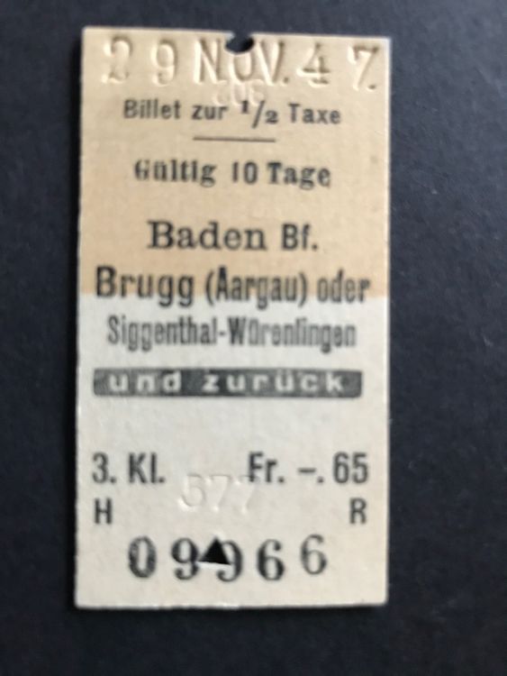 SBB Billett Baden - Brugg AG - Antik 3. Klasse (Gebraucht) in Feldmeilen für CHF 15 – mit ...