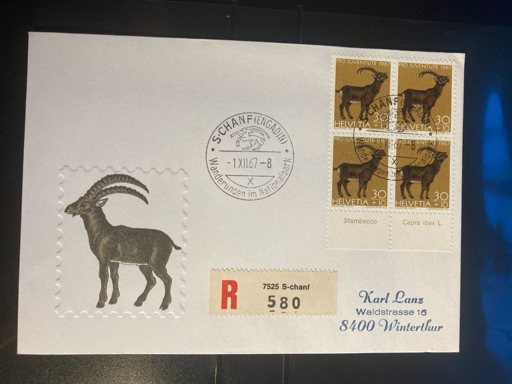 CH 1967 R-FDC 4er-Block PJ TAB 30 Steinbock Ortsst. S-chanf (Gebraucht ...
