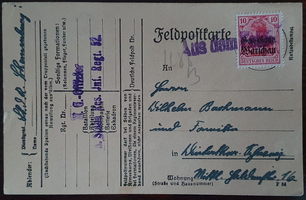 Feldpostkarte Gen. Gouv. Warschau mit Stempel Aus dem Felde (Gebraucht ...