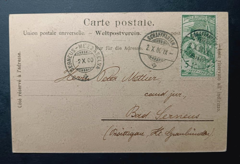 UPU Marke auf Karte von Schaffhausen nach Bad Serneus 1900 (Gebraucht) in Holderbank AG für CHF ...