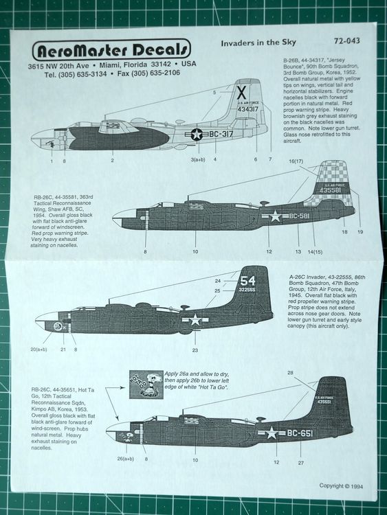 1/72 Douglas B-26B RB-26C A26C Invader 4 Versionen Decals (Gebraucht ...