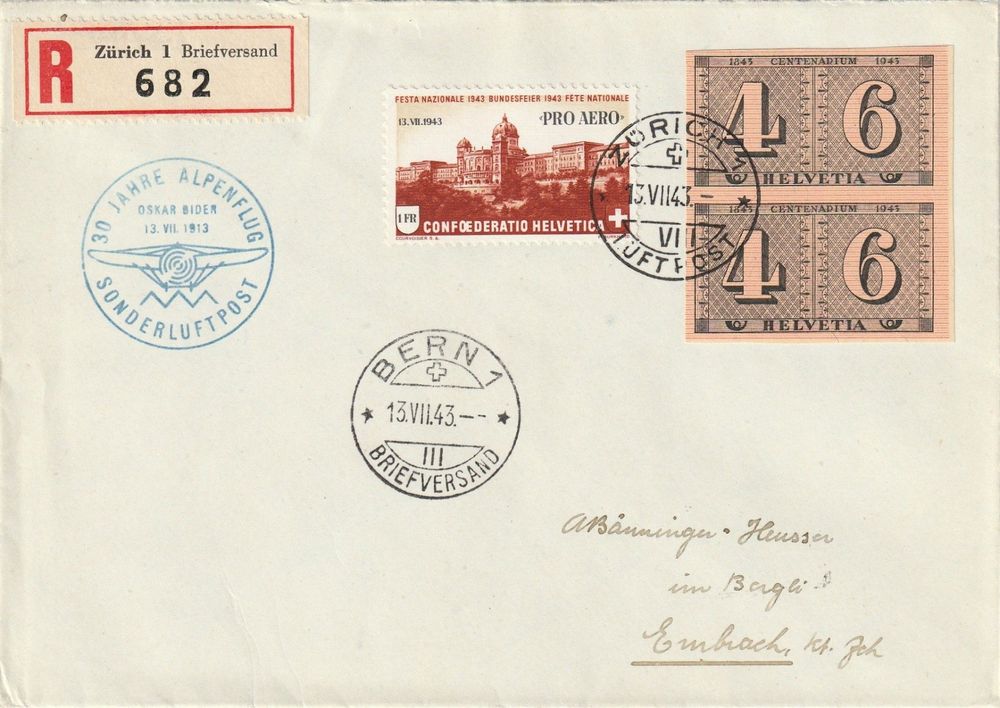 Pro Aero 1943, Etappe ZH-BE mit Luxusblattausschnitt als ZF (Gebraucht) in Turgi für CHF 5 – mit ...