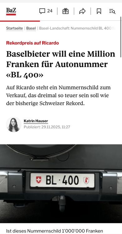 Kennzeichen BL 400 (Basel-Landschaft) Auto Kontrollschild (Neu und ...