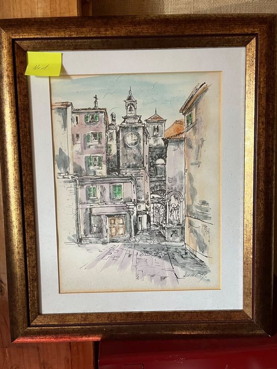 Aquarell Altstadtgasse Turm Uhr signiert 89 gerahmt (Gebraucht) in Erlenbach im Simmental für ...