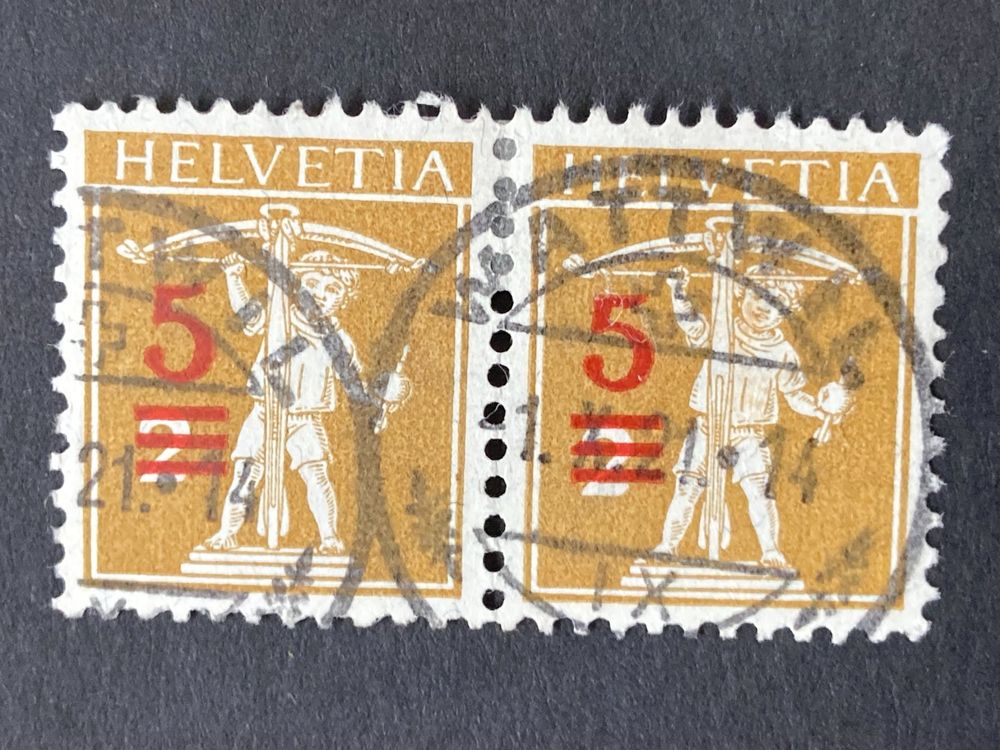 Schweiz 1921 Tellknabe Paar 5 a 2 Vollstempel WATTWIL 1.X.21 (Gebraucht) in Liestal für CHF 2.5 ...