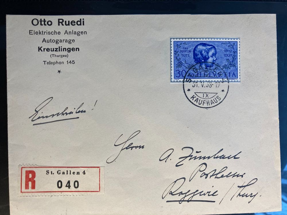 Schweiz 1937 Blockausschnitt PJ 30+10 Rp R-Brief St.Gallen (Gebraucht) in Liestal für CHF 30 ...