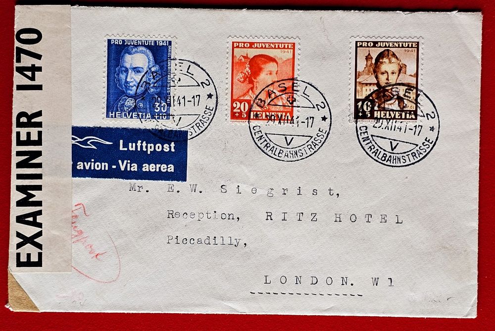 PRO JUVENTUTE 98 -100 BASEL FLUGPOST ZENSUR RITZ LONDON 1941 (Gebraucht) in Düdingen für CHF 5 ...
