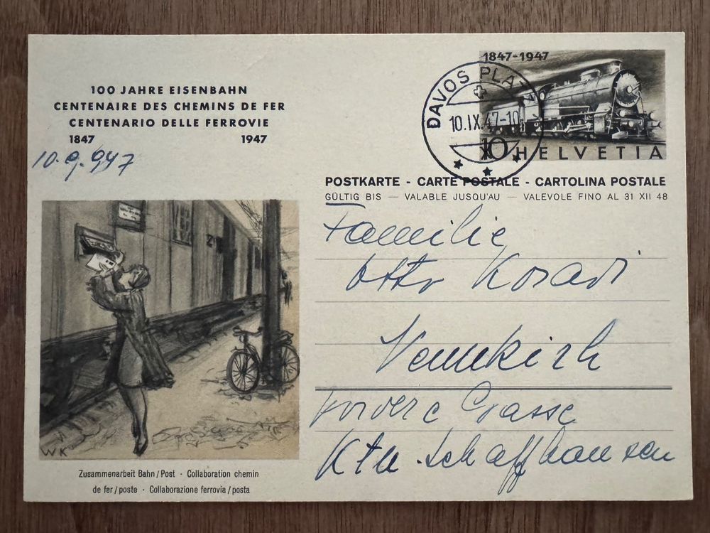 Postkarte 100 Jahre Eisenbahn, Zusammenarbeit Bahn / Post (Gebraucht) in Jegenstorf für CHF 2 ...