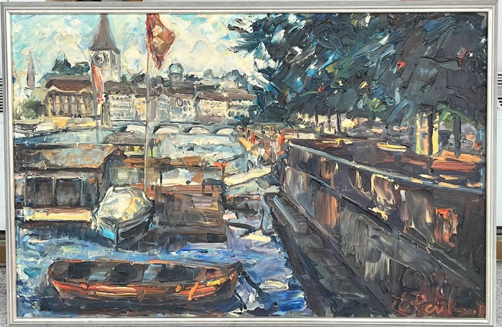 60.er Jahre Grosse Zürich Stadt Szene Gemälde, Unl.Sig. | Kaufen auf Ricardo