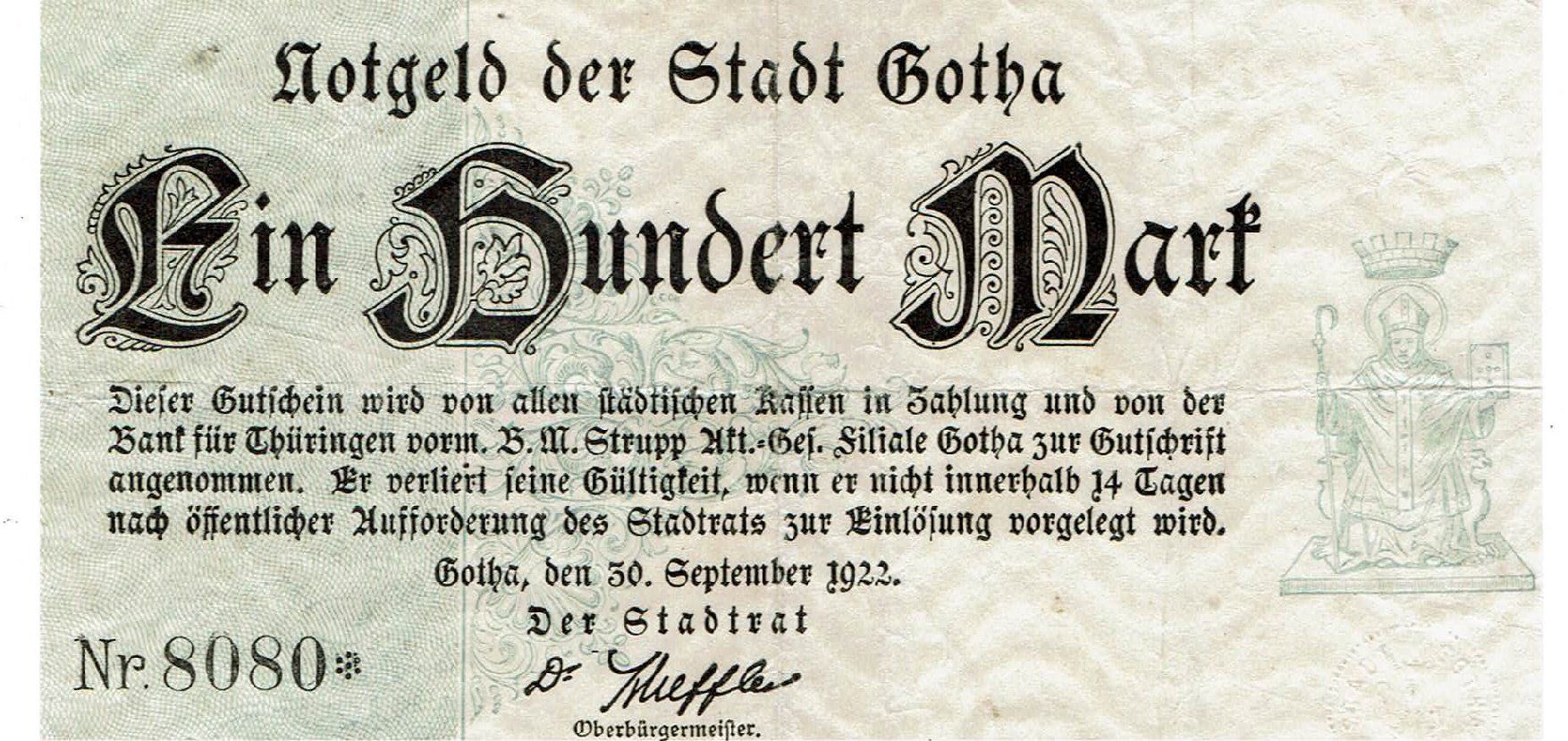 Gotha 100 Mark 30.09.1922 SS++-VZ (Gebraucht) in Steffisburg für CHF 4. ...