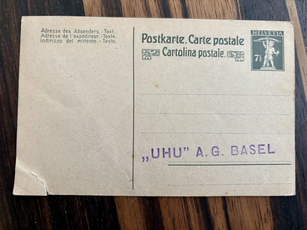 Historische Postkarte "UHU" A.G. Basel, Helvetia 7½ | Kaufen auf Ricardo