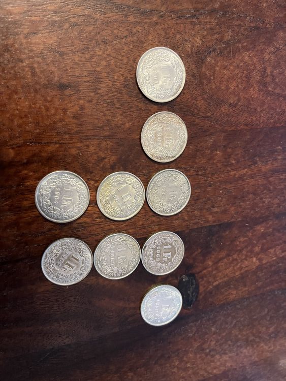 9 x 1 Fränkler Silber Münzen Schweiz, Jahrgänge gemischt (Gebraucht) in ...