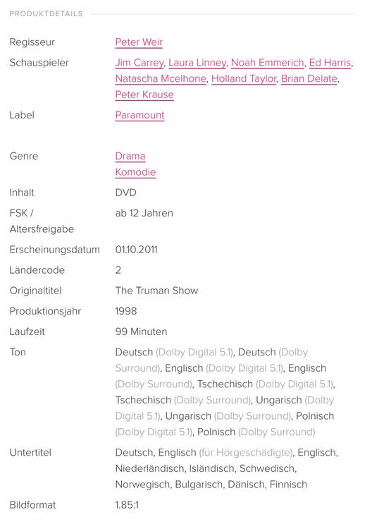Die Truman Show (1998) von Peter Weir, mit Jim Carrey (Gebraucht) in ...