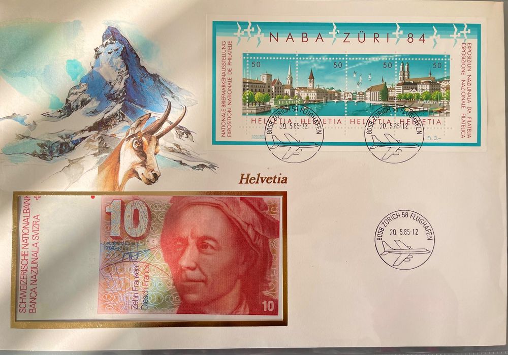 10 Franken Note Schweiz 1982 mit Briefmarke NABA Züri 84 (Neu (gemäss ...