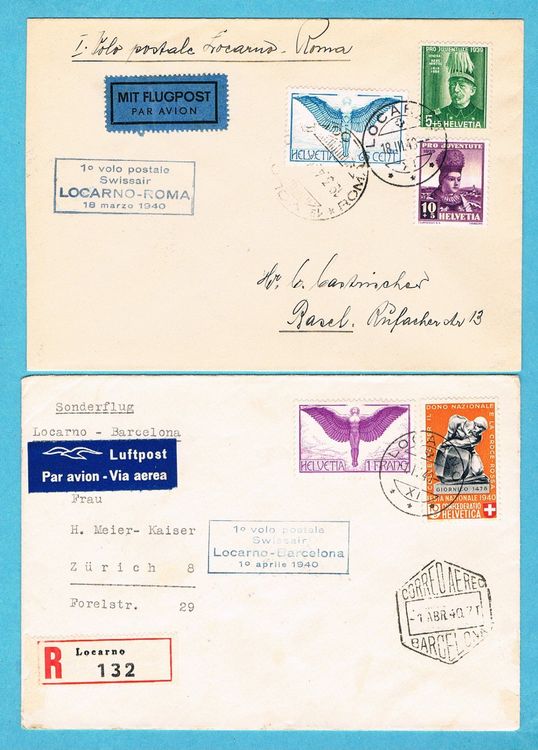 2 Flugbriefe Locarno-Roma und Locarno-Barcelona 1940 ! (Gebraucht) in Seedorf für CHF 9 – mit ...