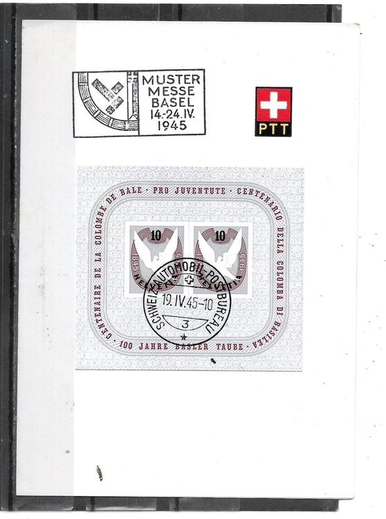 PTT-Bögli mit Block Basler Taube 1945und Stempel Mustermesse (Gebraucht) in Schocherswil für CHF ...
