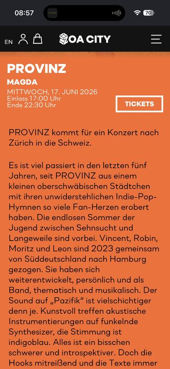 Provinz Konzert 2 Tickets Zürich 17. Juni 2026 (Neu und ...