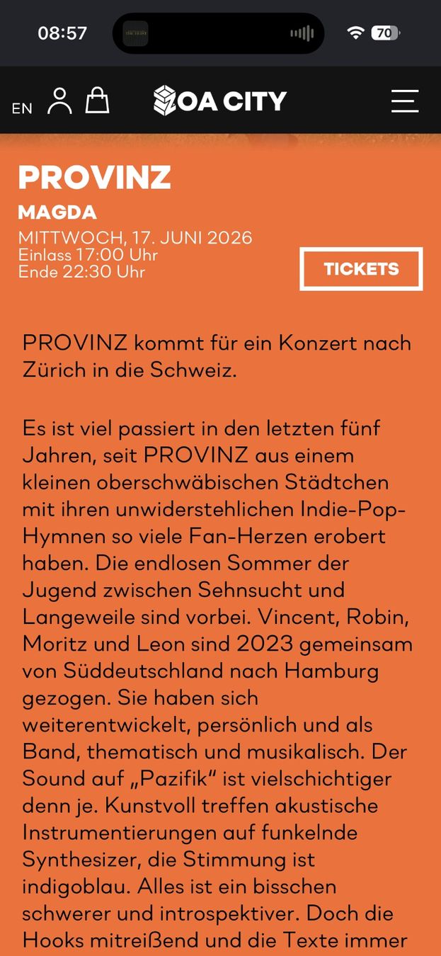 Provinz Konzert 2 Tickets Zürich 17. Juni 2026 (Neu und ...