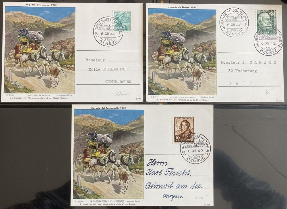 3x Tag der Briefmarke 1942 D/F/I Originalkarte, SBK 315 Fr. (Gebraucht) in Flawil für CHF 59 ...