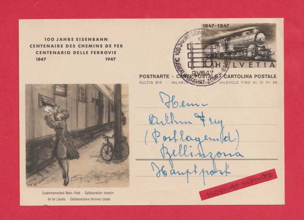 Bahn: Ganzsache 100 Jahre Schweizer Eisenbahn 1847-1947 (Gebraucht) in Zürich für CHF 3.5 – mit ...