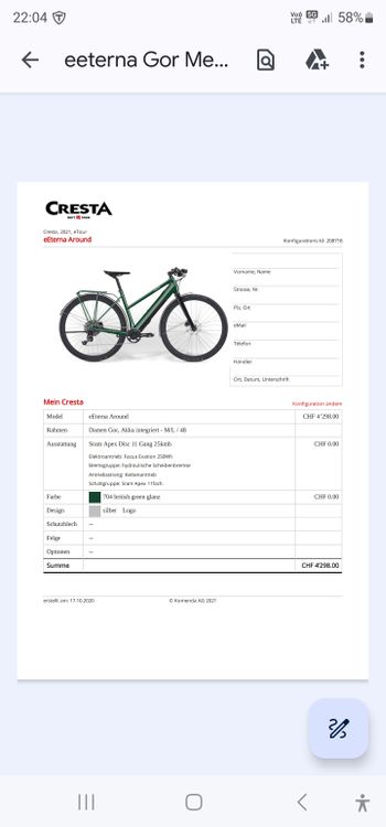 E-Bike Cresta eEterna Around. Fazua 50 Motor (Neu (gemäss Beschreibung)) in Zürich für CHF 2100 ...